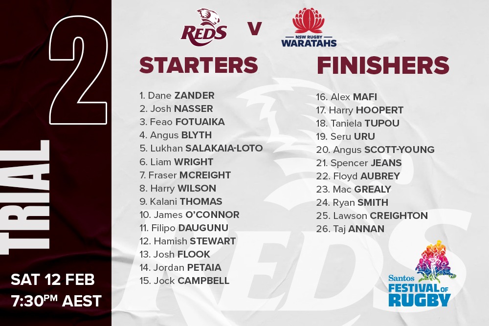 Reds announce team to face Waratahs in Roma for Santos Festival of Rugby