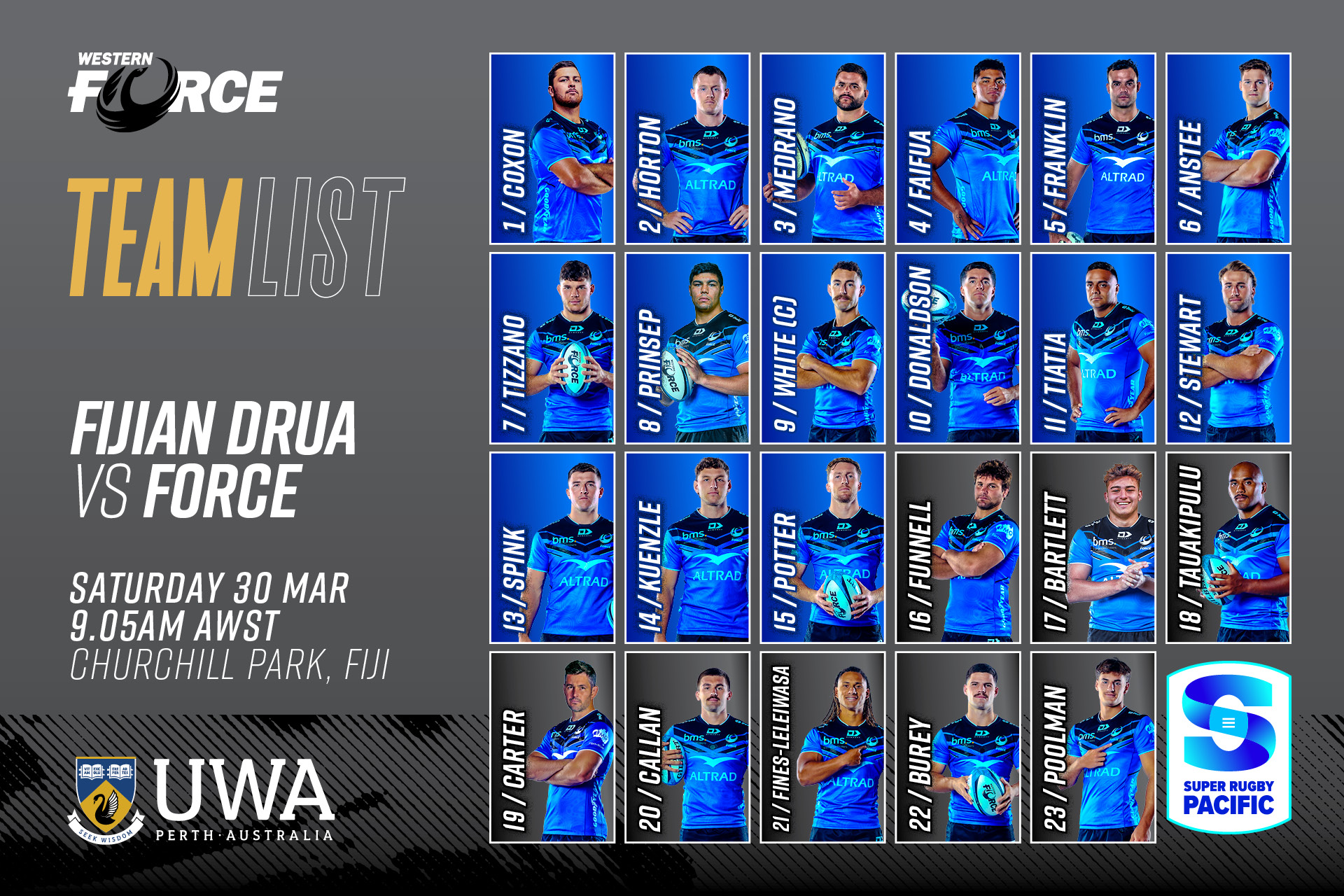 Carter to debut as Force make two changes for Drua trip